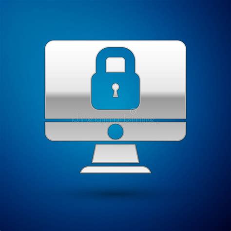 Silver Lock On Computer Monitor Screen Icon Isolated On Blue Background
