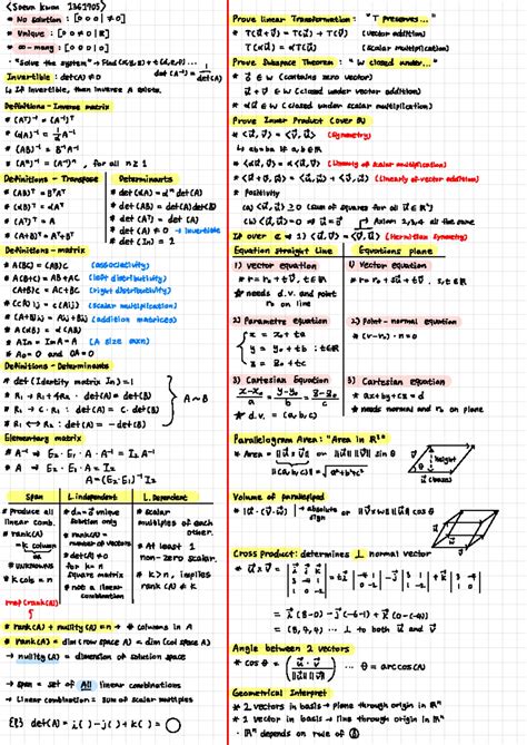 Linear Algebra Cheat Sheet Key Concepts And Formulas For Exam Prep Studocu