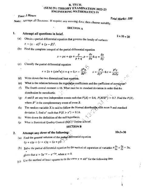 Btech 4 Sem Engineering Mathematics 4 Aug 2023 Pdf