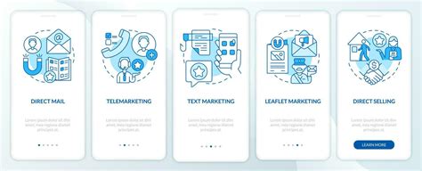 Types Of Direct Marketing Blue Onboarding Mobile App Screen Walkthrough 5 Steps Editable