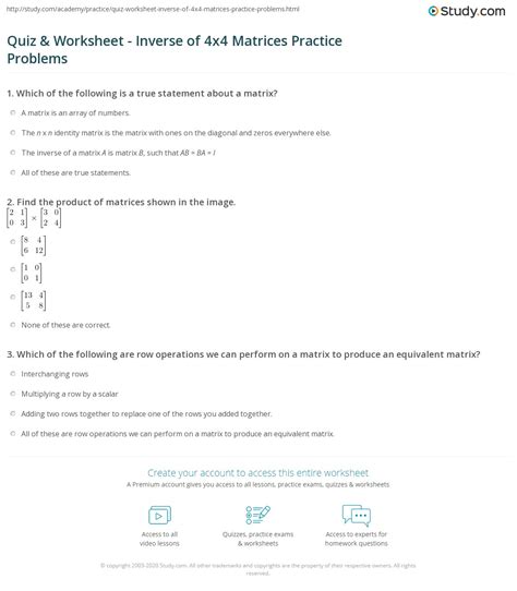 quiz and worksheet inverse of 4x4 matrices practice problems