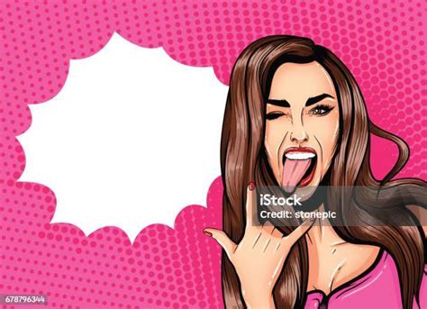 팝 아트 빈티지 광고 포스터 만화 소녀 연설 거품 예쁜 여 자가 혀와 로큰롤 기호 표시 여자에 대한 스톡 벡터 아트 및 기타 이미지 여자 귀여운 팝 아트 Istock