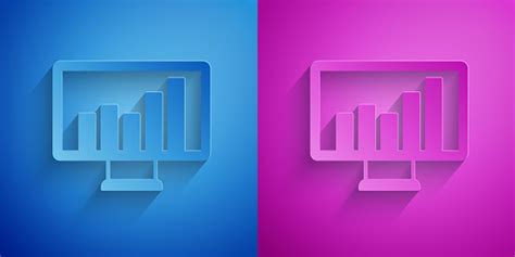 파란색과 보라색 배경에 격리된 그래프 차트 아이콘으로 컴퓨터 모니터를 용지 잘라냅니다 텍스트 파일을 보고합니다 회계 기호 감사 분석 계획 종이 아트 스타일 벡터 0명에 대한