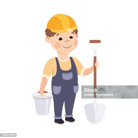 스페이드와 양동이를 가진 귀여운 빌더 하드 햇의 어린 소년과 건설 도구 만화 스타일 벡터 일러스트와 파란색 바지 공사장 인부에 대한 스톡 벡터 아트 및 기타 이미지 Istock
