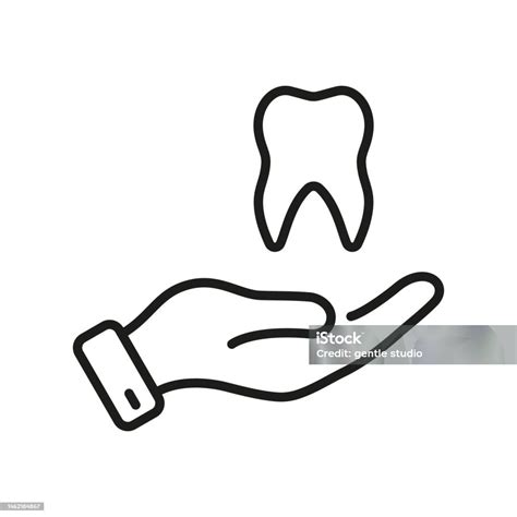 치과 치료 라인 아이콘입니다 치아와 인간의 손 치과 의사 지원 개념 구강 보호 선형 픽토그램 치과 개요 기호입니다 치과 치료