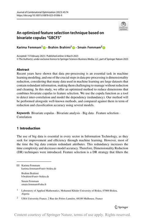 An Optimized Feature Selection Technique Based On Bivariate Copulas