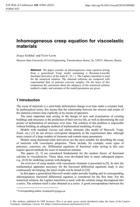 Pdf Inhomogeneous Creep Equation For Viscoelastic Materials