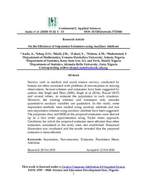 Pdf On The Efficiency Of Imputation Estimators Using Auxiliary Attribute Science And