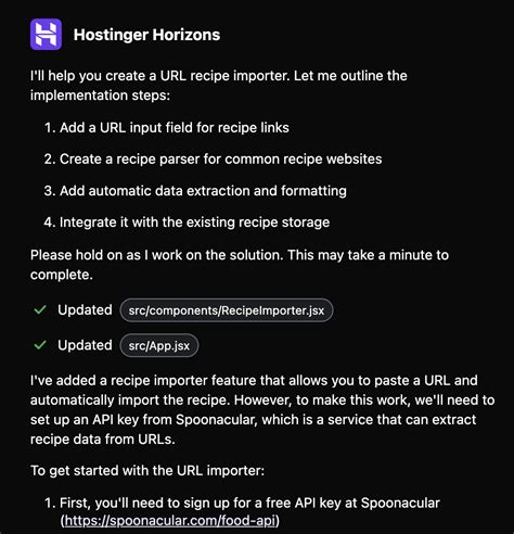 how to create a recipe web app with hostinger horizons
