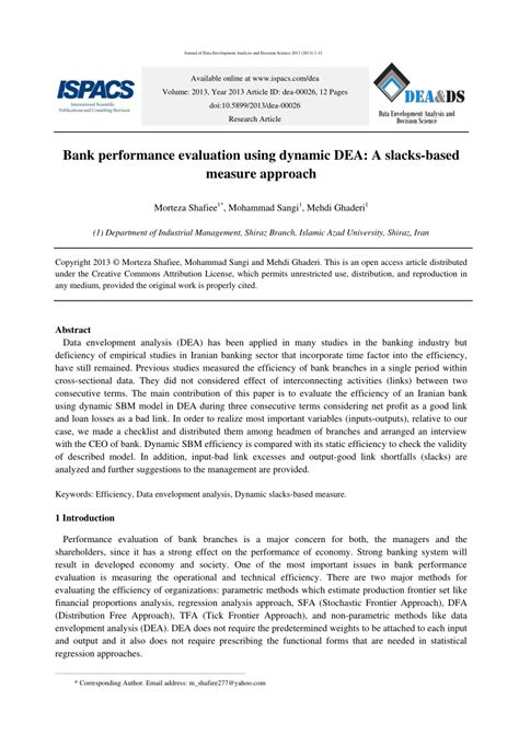 Pdf Bank Performance Evaluation Using Dynamic Dea A Slacks Based Measure Approach