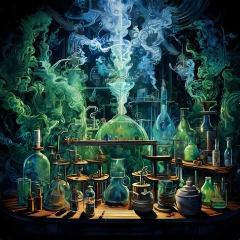 Enigmatic Alchemy Lab With Glass Apparatus And Swirling Smoke Stock