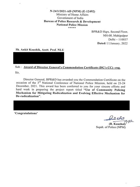 I Have Been Awarded The Dgs Commendation By Bprandd Ministry Of Home Ankit Kaushik 41 Comments