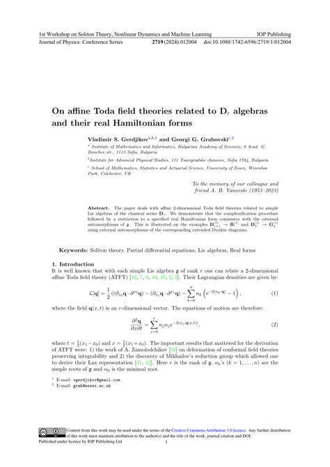 Pdf On Affine Toda Field Theories Related To D R Algebras And Their