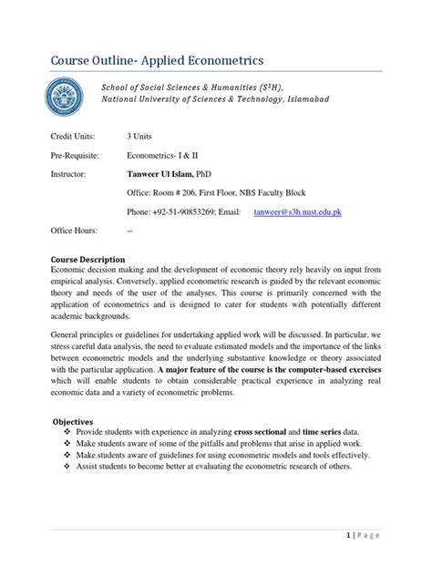 Course Outline Applied Econo Bs Revised Pdf Pdf Econometrics