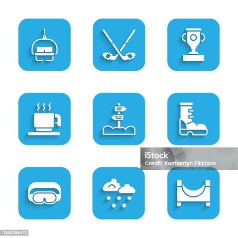 도로 교통 표지판 눈이 있는 구름 스케이트 공원 방수 고무 부츠 스키 고글 핫 초콜릿 컵 어워드 및 리프트 아이콘을 설정합니다 벡터 거리에 대한 스톡 벡터 아트 및 기타