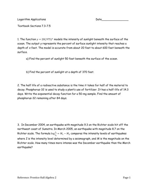 logarithm applications worksheet algebra problems