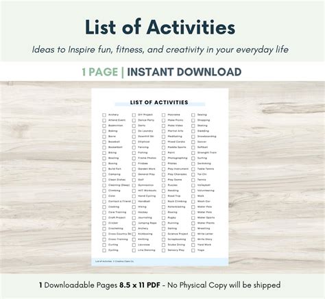 Activity List Worksheet Fun Fitness Hobbies Pdf Etsy