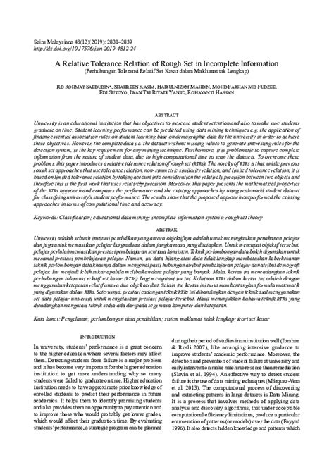 Pdf A Relative Tolerance Relation Of Rough Set In Incomplete Information