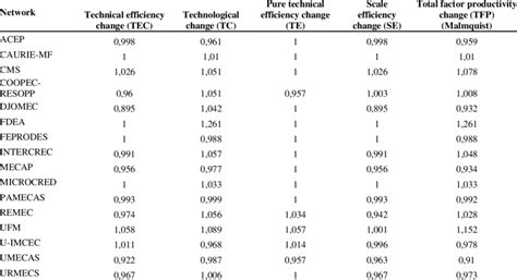 Malmquist Index Summary Of Mfi Network Means Download Scientific Diagram