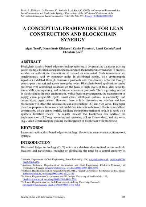 Pdf A Conceptual Framework For Lean Construction And Blockchain Synergy