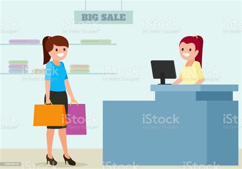 큰 판매 고객 카운터 데스크 및 여성 계산원이있는 슈퍼마켓 인테리어 쇼핑 컨셉 벡터 그림입니다 개념에 대한 스톡 벡터 아트 및