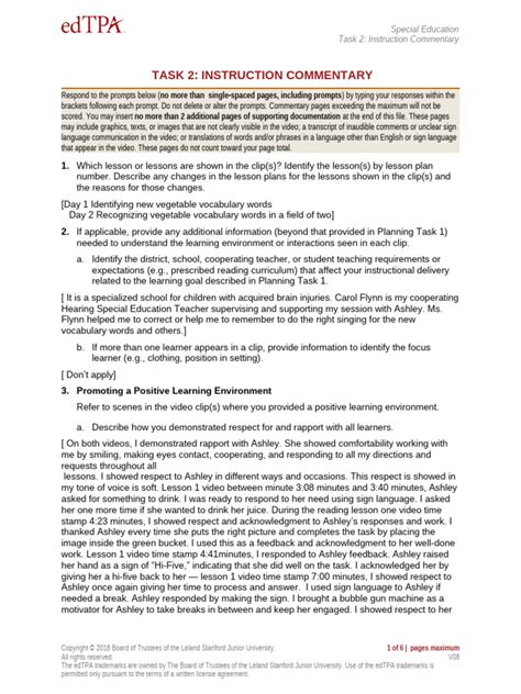 Task 2 Edtpa Spe Instruction Commentary Pdf Learning Cognitive Psychology