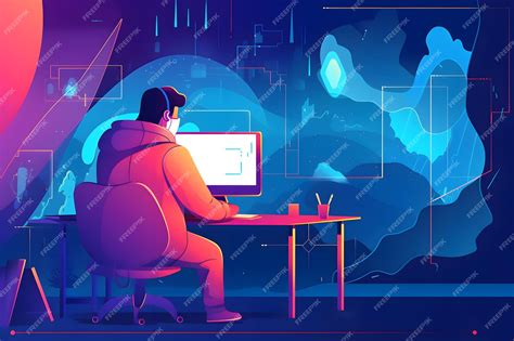 Premium Photo Man Sitting At Desk In Front Of Computer Monitor With Headphones On Generative Ai