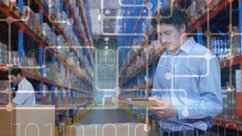 Animation Of Binary Coding Over Male Warehouse Workers Stock Video