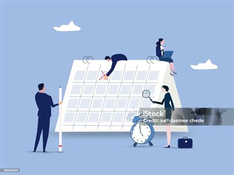 일정 팀 회의 또는 약속 프로젝트 계획 또는 시간 미리 알림을 예약하고 타임 라인 개념을 관리하고 캘린더 플래너에서 일하는 사업가 및 사업가가 작업을 예약하고 구성합니다