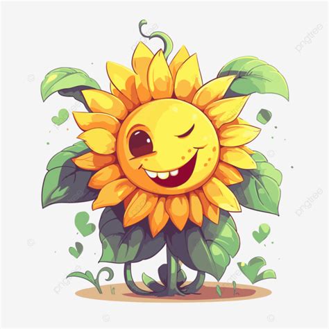 귀여운 해바라기 벡터 스티커 클립 아트 녹색 만화와 행복 해바라기 상표 클립 아트 Png 일러스트 및 벡터 에 대한 무료