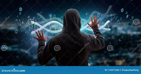 Hacker Activating A 3d Rendering Data Coded Dna With Binary File Stock
