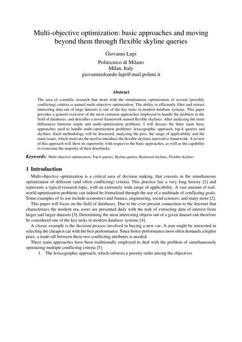 Pdf Multi Objective Optimization Basic Approaches And Moving Beyond