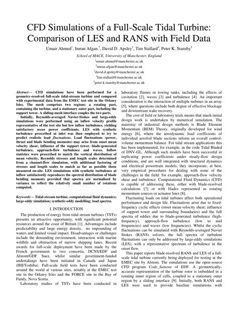 Pdf Cfd Simulations Of A Full Scale Tidal Turbine Comparison Of Les And Rans With Field Data