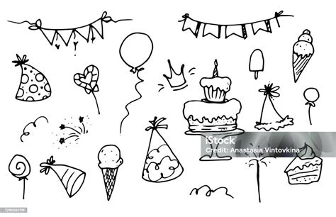생일의 요소 생일 케이크 풍선 깃발 아이스크림 홀리데이 모자가 있는 손으로 그린 세트 흰색 배경에 검은색 윤곽선이 있는 낙서 격리 된 요소 모음 그리기 생일에 대한 스톡