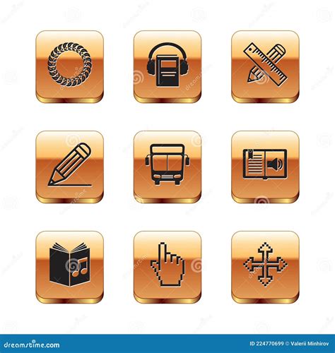 Set Laurel Wreath Audio Book Pixel Hand Cursor Bus Pencil Line Crossed Ruler Pencil Arrows