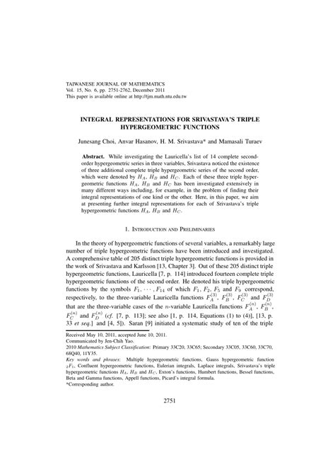 Pdf Integral Representations For Srivastavas Triple Hypergeometric