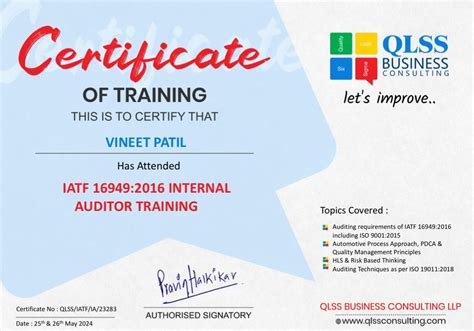 Vineet Vidyadhar Patil On Linkedin Officially Certified As Iatf Internal Auditor Thanks Qlss