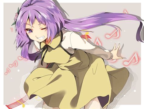 Safebooru 1girl Bent Over Dress Flower Grey Background Grin Hair