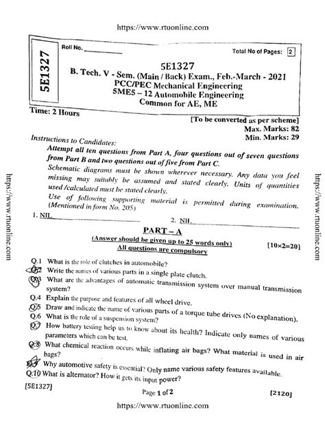 Btech Ae Me 5 Sem Automobile Engineering 5e1327 Mar 2021 Pdf
