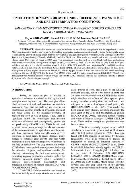 Pdf Simulation Of Maize Growth Under Different Sowing Times And