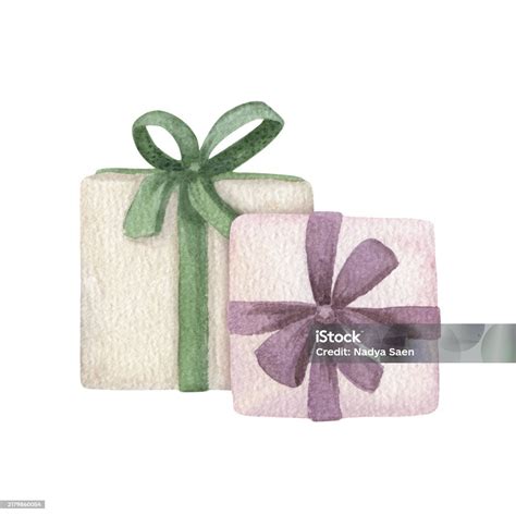 크리스마스 선물은 흰색 패키지 녹색 및 보라색 리본으로 포장되었습니다 가정 장식의 손으로 그린 수채화 그림입니다 Xmas 그래픽과 인사말 카드 디자인에 대한 계절 고립 그림
