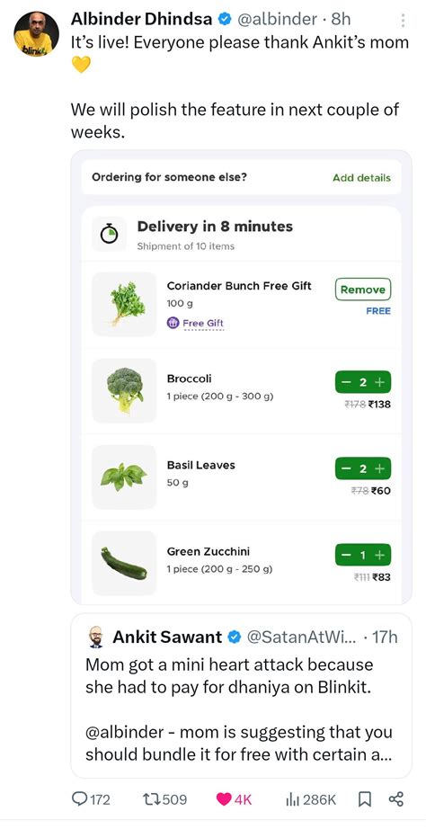 Blinkit Offers Free Dhaniya With Veggies Hritik Raj Posted On The