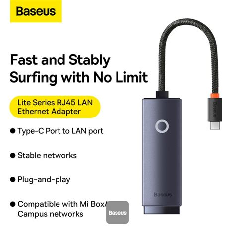 Baseus Lite Series RJ45 Lan Port Ethernet Adapter Type C To RJ45 LAN Port 1000Mbps Hub Grey