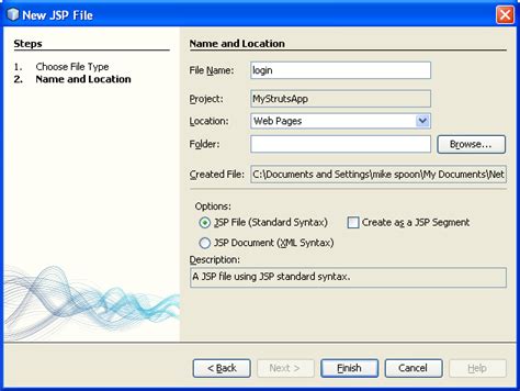 Netbeans With Struts Framework Project New Jsp Page Information
