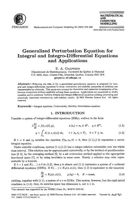 Pdf Generalized Perturbation Equation For Integral And Integro Differential Equations And