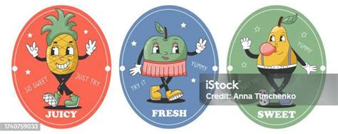 90년대 과일 재미있는 복고풍 히피 그루비 만화 캐릭터 배 파인애플 사과의 만화 캐릭터가 있는 레이블 그루비 여름 벡터 스티커 달콤한 육즙이 많은 신선한 과일 배너입니다