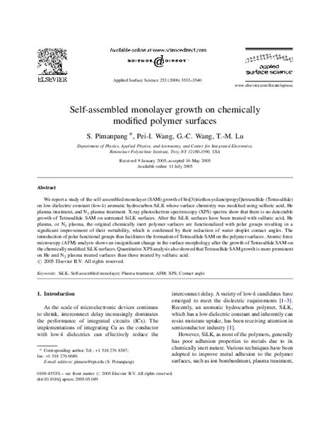 Pdf Self Assembled Monolayer Growth On Chemically Modified Polymer Surfaces