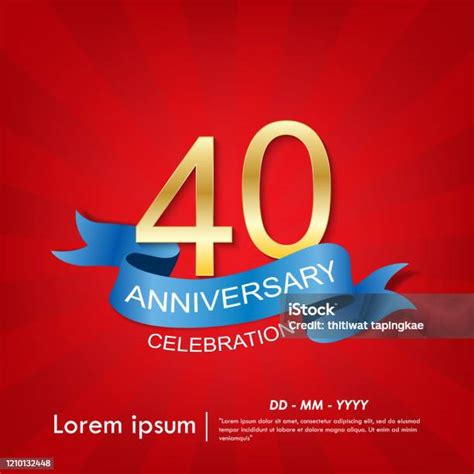 40 주년 기념 엠블럼 빨간색 배경에 파란색 리본이있는 기념일 우아함 황금 로고 웹 전단지 인사말 카드 및 초대 장용 벡터 일러스트 템플릿 디자인 40주년 기념에 대한 스톡