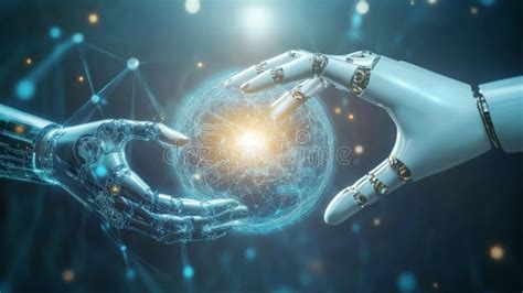 futuristic robotic hands creating energy sphere in digital space stock