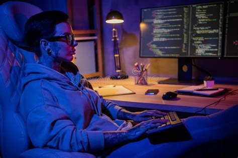 Profile Photo Of Intelligent Focused Programmer Girl Sitting Chair Keyboard Writing Code Office